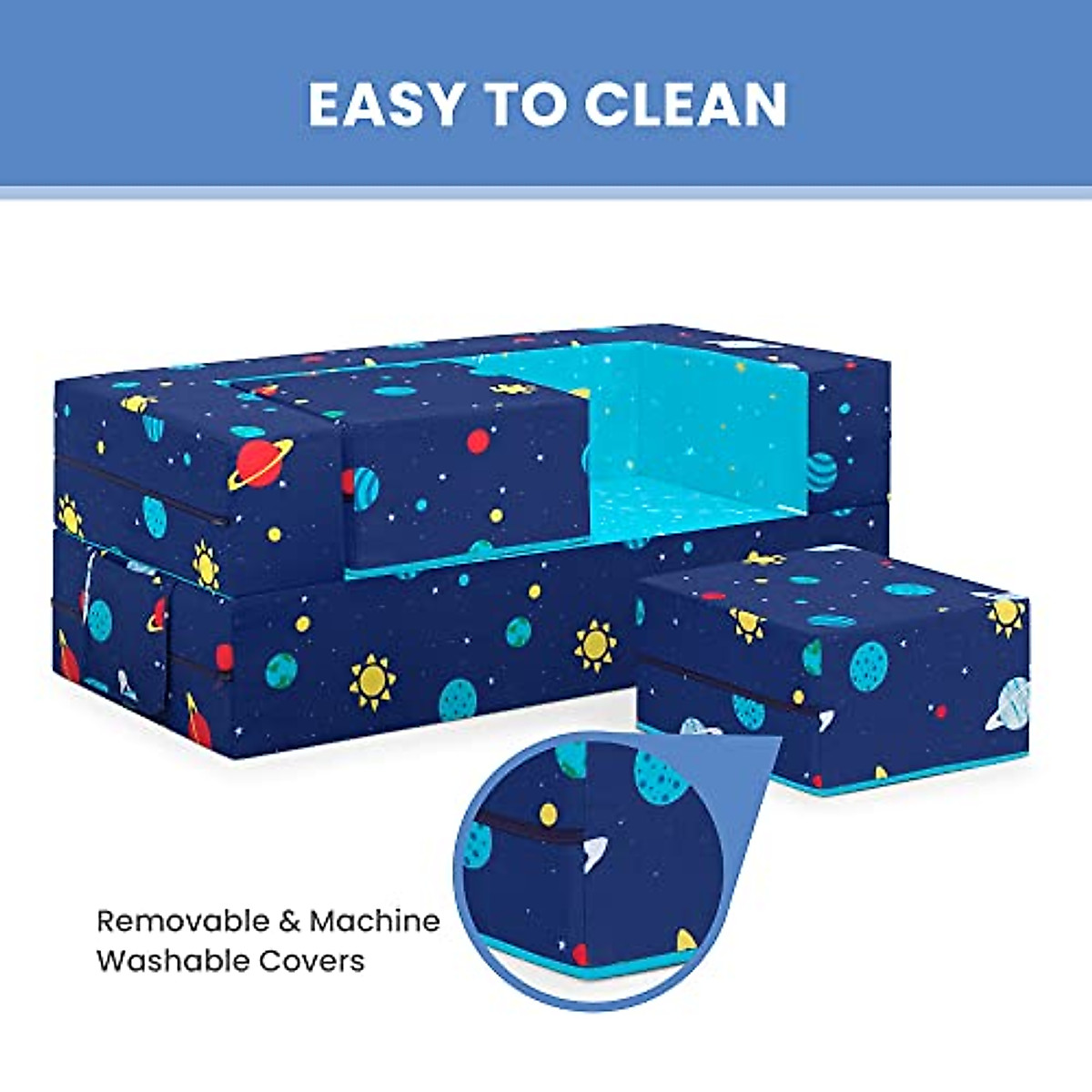 Delta Children Convertible Sofa & Play Set for Kids and Toddlers – Modular Foam Couch and Flip Out Lounger with 2 Ottomans, Space