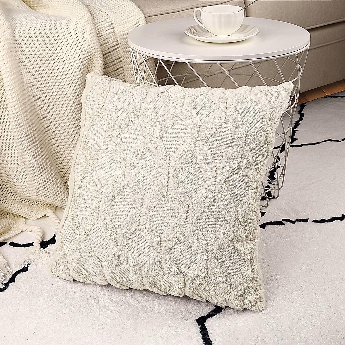 Henzxi Set of 2 Throw Pillow Covers 18x18 Inches Farmhouse Decorative, Square Boho Cushion Case with Faux Velvet Soft Plush Short Wool, Beige