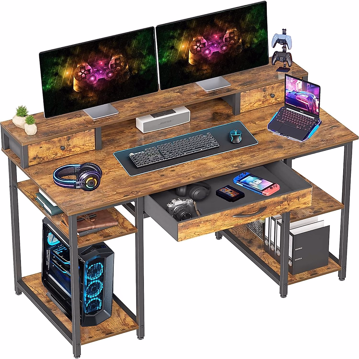 Treesland Computer Desk, 47" Office Desk with Monitor Shelf, Dual Tiers Home Office Gaming Desk with Drawers, Work Desk with Double-Layer Storage Rack, Stable Writing Desk, Rustic Brown