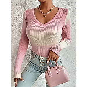 Floerns Women's Ombre Print Long Sleeve V Neck Rib Knit Pullovers Sweater Top Pink M
