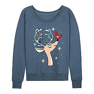 Instant Message - Retro Deer And Bird - Women's Lightwieght French Terry Pullover - Size 4X Heather Blue