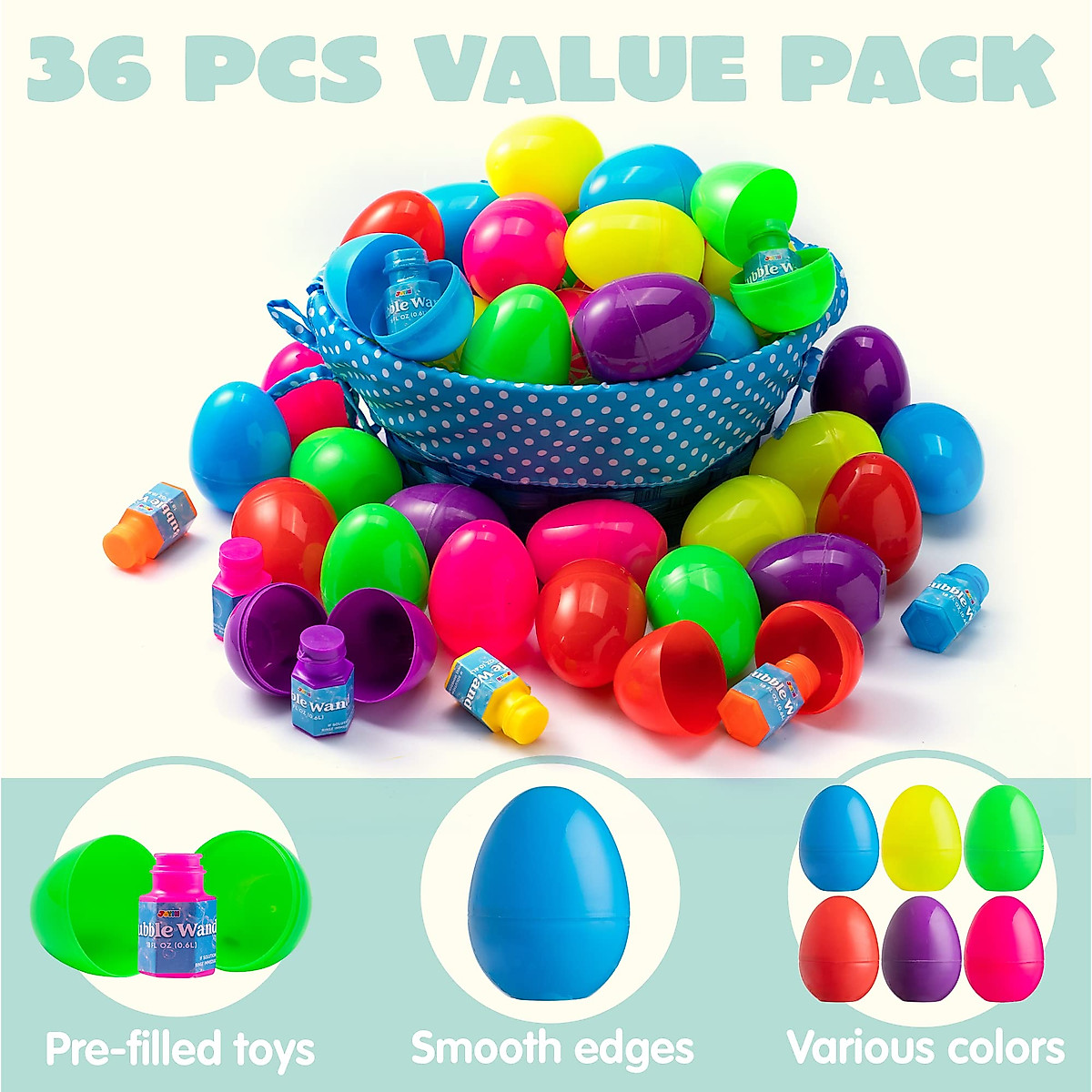 JOYIN 36 Pcs Easter Eggs Bubble Wands for Kids Prefilled Easter Eggs with Toys Inside for Basket Stuffers, Easter Children Fun, Hunt Game, Easter Décor Gifts and Party Favors