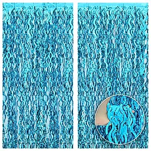 KatchOn, XtraLarge, Wavy Blue Foil Fringe Curtain - 3.2x6.4 Feet, Pack of 2 | Blue Water Streamer Backdrop for Beach Party Decorations | Under The Sea Party Decorations | Summer Decorations for Party