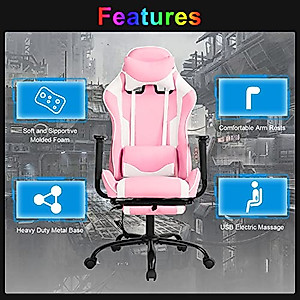Gaming Chair Massage Office Chair PC Computer Chair Ergonomic Video Game Chairs PU Leather Recliner with Lumbar Support Headrest Armrest Footrest Rolling Swivel Desk Chair for Adults Teen, Pink