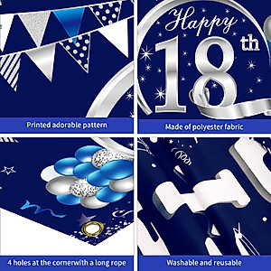 Blue Silver 18th Birthday Banner Decorations for Men Boy - Happy 18 Birthday Backdrop Party Supplies - Eighteen Birthday Poster Photo Props Background Sign