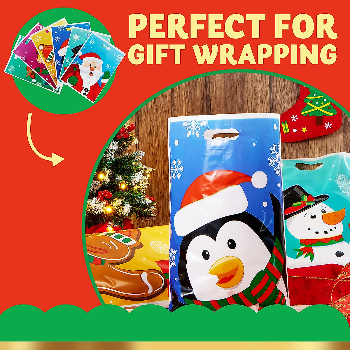 JOYIN 72 PCS Christmas Bags for Xmas Holiday Goody Gift, Christmas Snacks Bags Xmas Plastic Bags with Handles Christmas Gift Wrap Bags for Xmas Party Favor, Party Decoration Supplies