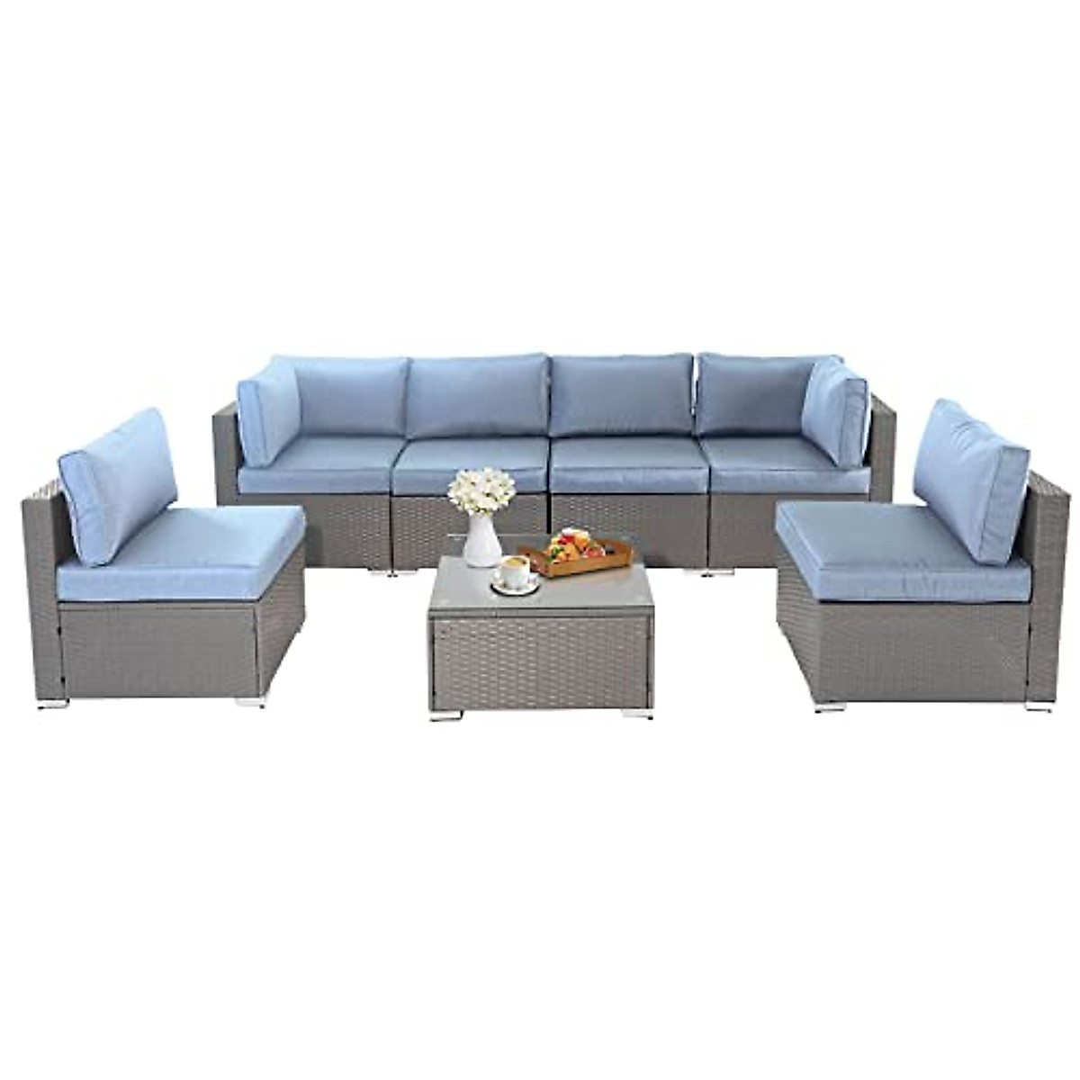 SOLAURA 7-Piece Outdoor Patio Furniture Set, Gray Wicker Conversation Furniture Modular Sectional Sofa Set with YKK Zipper &Coffee Table - Sky Blue