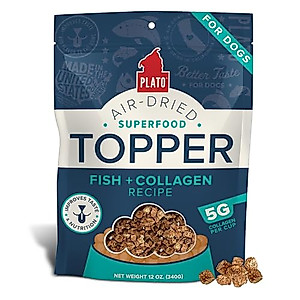 PLATO Pet Treats Air Dried Dog Food Topper, Dog Food Topper, Fish and Collagen Recipe, Superfood, Grain Free, Made in The USA, 12oz
