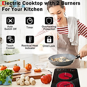 Karinear 2 Burner Electric Cooktop 12 Inch, Drop-in Electric Radiant Cooktop 220v - 240v with Child Safety Lock, Timer, Residual Heat Indicator, 3200W, Hard Wired, No Plug Electric Stove Top