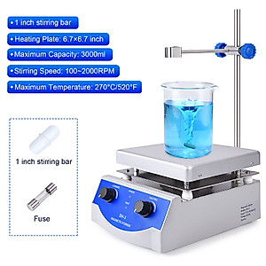 Slendor Magnetic Stirrer Hot Plate Mixer 3000ml Stirring Capacity 6.7 x 6.7 inch Max 520°F Hotplate and 100-2000 RPM Stirrer, Stirring Bar & Support Stand Included