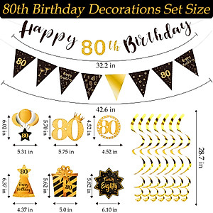 FASOTY 80th Birthday Decorations Black Gold 80th Birthday Decorations For Men Women Pre-assembled Happy 80th Birthday Banner Triangle Flag Glitter Hanging Swirls for 80th Birthday Party Birthday Party Decorations Supplies