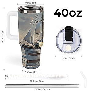 LLUTSNTH 40 Oz Vacuum Tumbler with White Handle Leakproof Insulated Tumbler Ship And Compass Stainless Steel Travel Mug with Lid And Straw Coffee Cup Cute Water Bottles Cup Holder Friendly