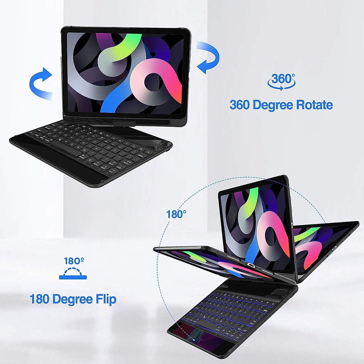 ProCase Keyboard Case for iPad Air 6th 11 inch 2024/Air 5th/4th 10.9" 2022 2020/ iPad Pro 11" 2022 2021 2020 2018, 360 Degree Rotation Wireless Keyboard with 7 Colors Backlit, Auto Sleep/Wake -Black