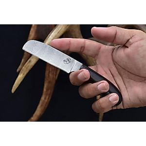 Knives Ranch Damascus Steel Small Castrator with Indian Rosewood Handle Dual Carry Vertical or Horizontal Cowboy Crossdraw Leather Sheath (3177-IRW)