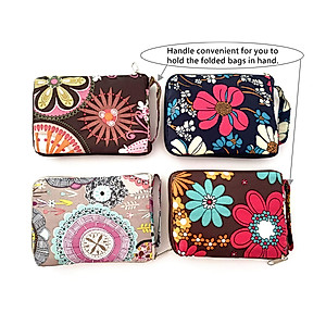 NC 4 Pack Foldable Kitchen Reusable Grocery Bags Floral Designs with Zipper Folding Shopping Tote Bags Lightweight Durable Large Bags 50LBS for Grocery