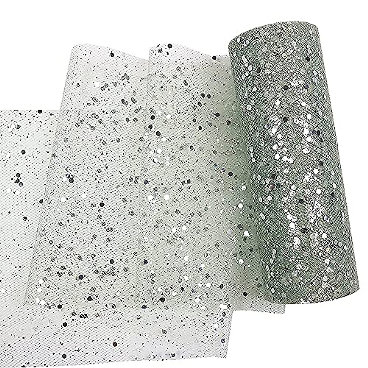 Yuanchuan Laser Sequin Glitter Tulle Rolls 6 inch x 10 Yards (30 feet) Silver for Table Runner Chair Sash Bow Pet Tutu Skirt Sewing Crafting Fabric Wedding Birthday Ribbon (Silver)