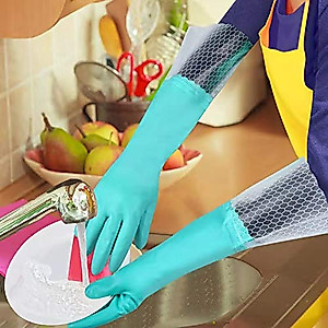 Elgood Reusable Long Dishwashing Cleaning Gloves with Latex Free, Long Cuff,Cotton Lining,Kitchen Gloves 2 Pairs,Purple+Blue Large