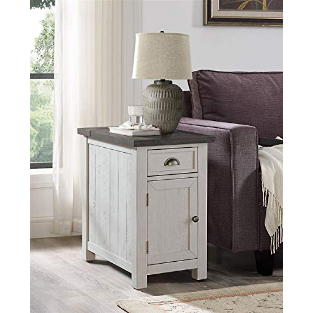 Martin Svensson Home Monterey Chairside Table - White with Grey Top - Coastal Multi-Use Table with Built-in Outlets and Drawers for Bedroom or Living Room