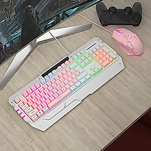 Pink Keyboard USB Gaming Keyboards and Mouse Combo, GT817 104 Key Rainbow Backlit Keyboard and Mouse Set, Computer Keyboard USB Wired Mouse for Windows PC Gamers (White & Pink)