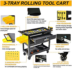 T-HAKEN 3-Tier Rolling Tool Cart with Drawer (Keyed) - Black and Yellow Tools Box Cabinet on Wheels.