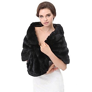 XMLMRY Faux Fur Shawl Women's Wrap Stole Shrug Luxury Winter Wedding Evening Party Bridal Bridesmaid Cover Up (Black, Lengthen)