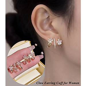 Tornito 4 Pairs Claw Ear Cuffs Zircon Pierced Needle Stud Earrings Minimalist Ear Wrap Butterfly Pearl Piercing Claw Earrings for Women Silver Tone