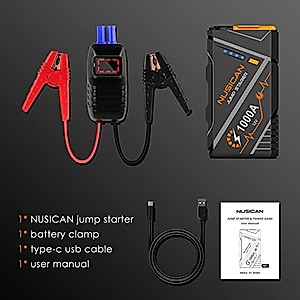 NUSICAN Car Jump Starter Portable, 1000A Peak Battery Charger Jumper Starter for up to 7L Gas or 5.5L Diesel Engine, 12V 12800mAh Lithium Battery Booster Jump Box with Smart Clamp Cables, LED Light