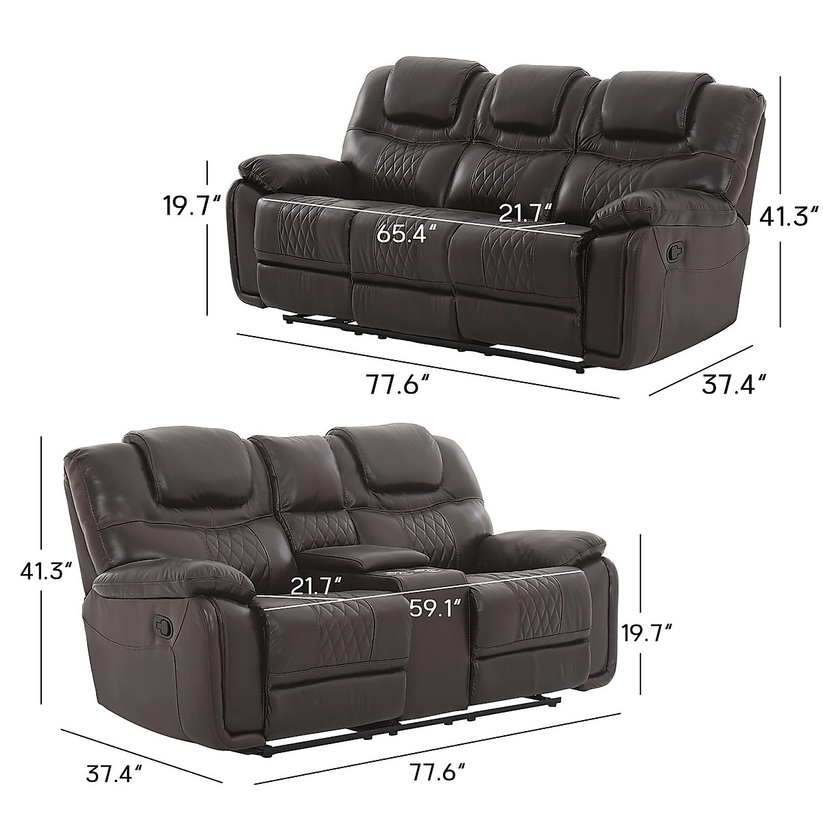 EBELLO Genuine Leather Loveseat Manual Recliner with 3 Seat Recliner Sofa, Double Recliner Chair with Cup Holder, Hidden Storage, Reclining Sofa Couch Set for Living Room