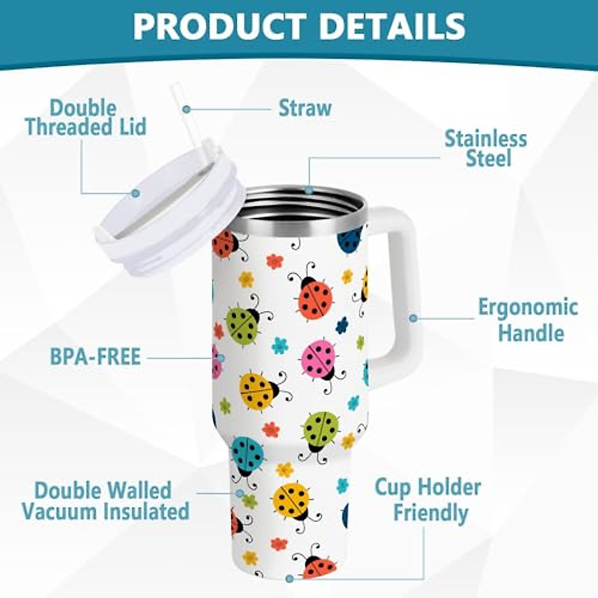 ARGTILDN 30 oz Tumbler Colorful Ladybugs Flowers Insulated Travel Mug with Handle and Straw Lid Stainless Steel Vacuum Coffee Cup Tea Beverage Container Water Bottles for Car Sports office