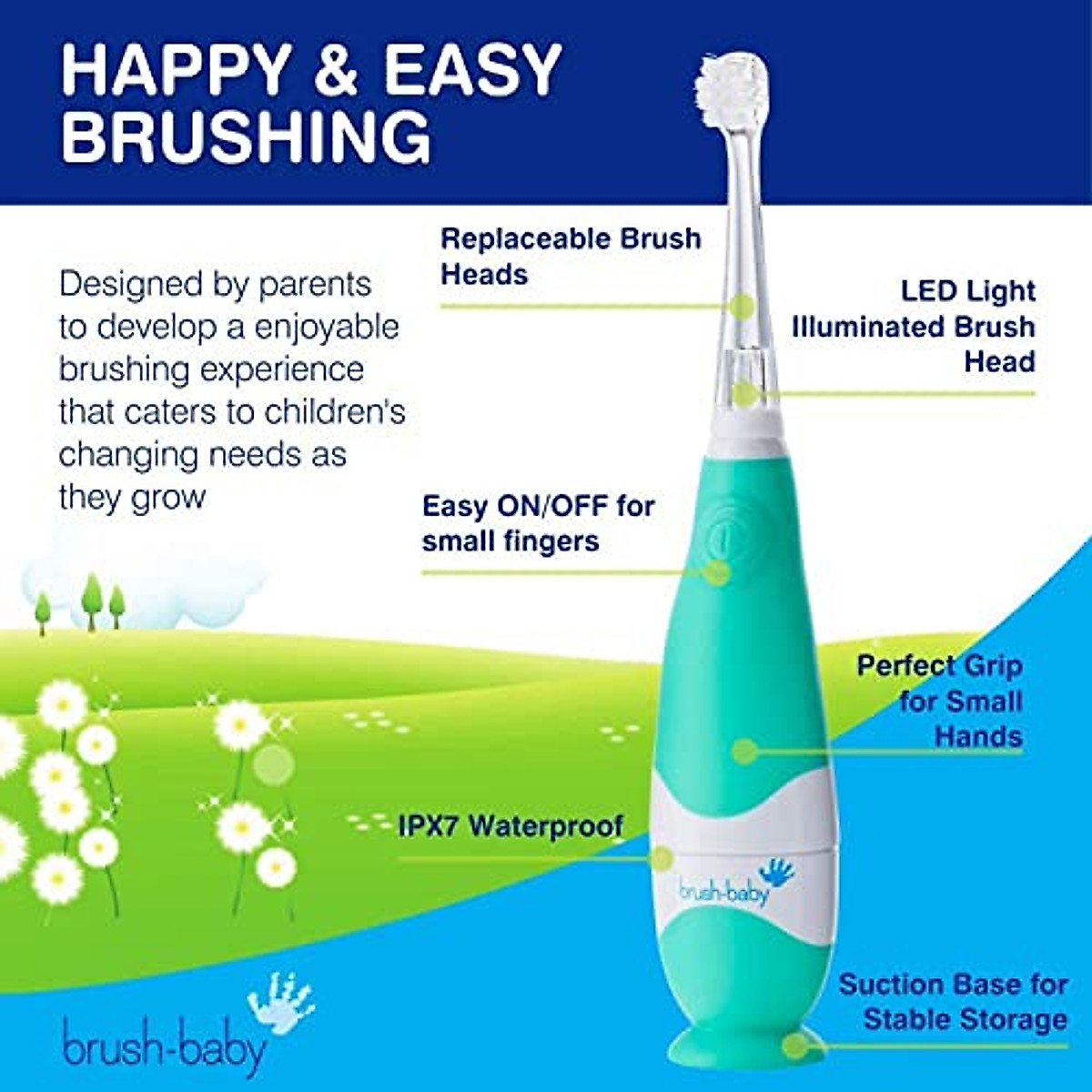 brush-baby BabySonic Infant and Toddler Electric Toothbrush for Ages 0-3 Years - Smart LED Timer and Gentle Vibration Provide a Fun Brushing Experience - Includes 2 Sensitive Brush Heads (Teal)