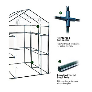 KING BIRD Upgraded Walk-in Greenhouse for Outdoors, Thickened PE Cover & Heavy Duty Powder-Coated Steel, w/ Zippered Mesh Door & Screen Windows, 14 Sturdy Shelves for Garden, 4.7 x 4.7 x 6.4 FT, Clear