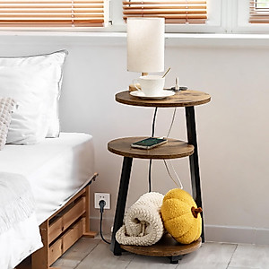 Hadulcet Round End Table with Charging Station and LED Lights, Small Side Table for Small Space, Bedside Table with 3-Tier Storage Shelf, Versatile Accent Table for Living Room, Bedroom, Rustic Brown