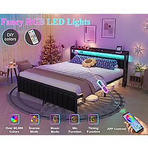LoVinson Queen Bed Frame with Storage Headboard and LED Sensor Lights, Upholstered Headboard with Charging Station, Metal Platform Bed with Drawers, Noise-Free, Non-Slip, Black