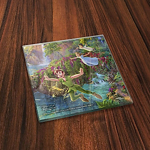 Disney Peter Pan Glass Coaster Set Decor - Thomas Kinkade - Comes with Stylish Modern Wooden Holder