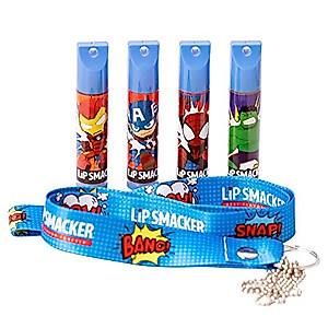 Lip Smacker Marvel Flavored Lip Balm Set W/ Lanyard | Spiderman, Hulk, Captain America, Iron Man | For Kids | Stocking Stuffer | Christmas Gift | Set of 4