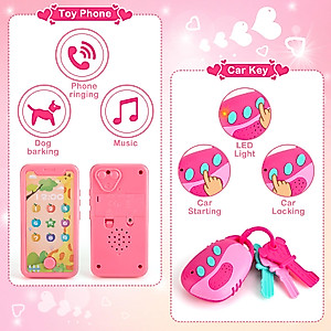 Juboury Play Purse for Little Girls, Pretend Play Accessories with Wallet, Toy Phone, Credit Card, Keys, Princess Pretend Makeup Girl Toys for 3 4 5 6 7 8 Years Old