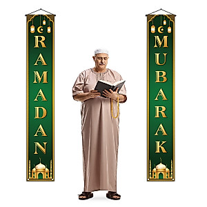 Ramadan Mubarak Porch Banner Islamic Mosque Lamp Muslim Religious Holiday Front Door Sign Wall Hanging Party Decoration