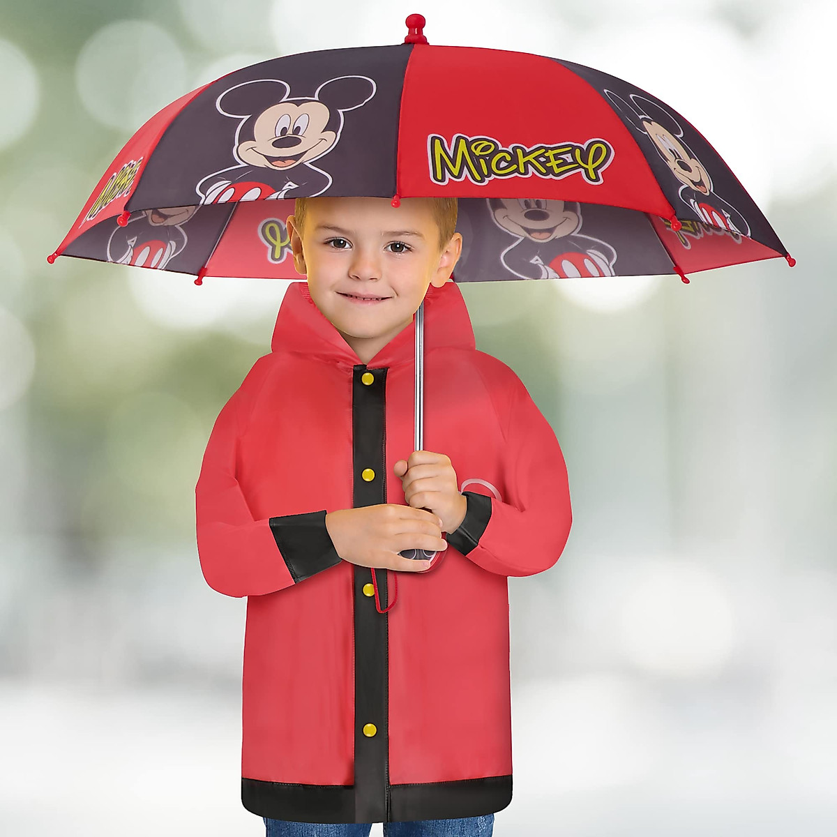 Disney Boys Umbrella and Poncho Raincoat Set, Mickey Mouse Kids Rain Wear For Kids Ages 6-7