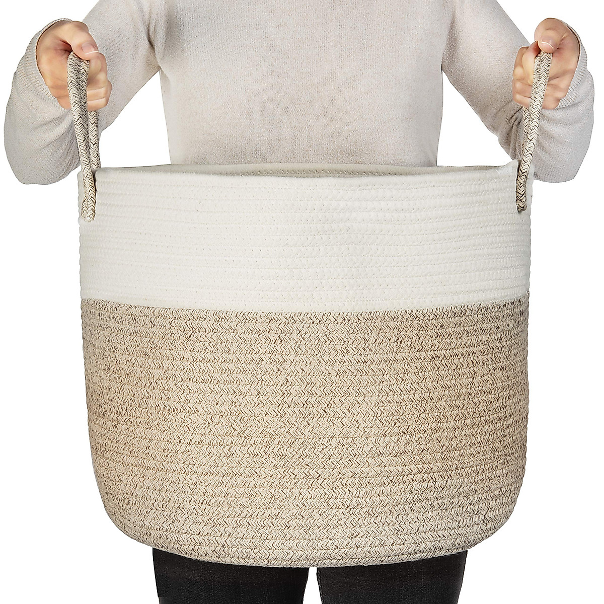 Shu Baby Woven Storage Basket - Large Cotton Rope Basket with Long Handles, Foldable Laundry Hamper, Toy Bin and Decorative Hamper (brown)