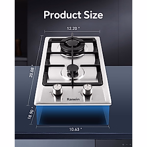 Ranein 2-Burner Gas Cooktop, 12-Inch Gas Stove Top Compatible with Thermocouple Protection, Built-in Gas Stove, 304 Stainless Steel Panel, Compatible with NG&LPG for Apartment and Indoor
