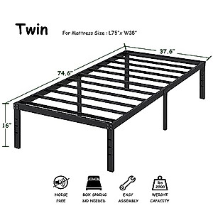 HOBINCHE 16 Inch Twin Size Bed Frame, No Box Spring Needed, Heavy Duty Black Metal Platform Mattress Foundation with Steel Slats, Non-Slip Noise Free Easy Assembly, Cleance Storage
