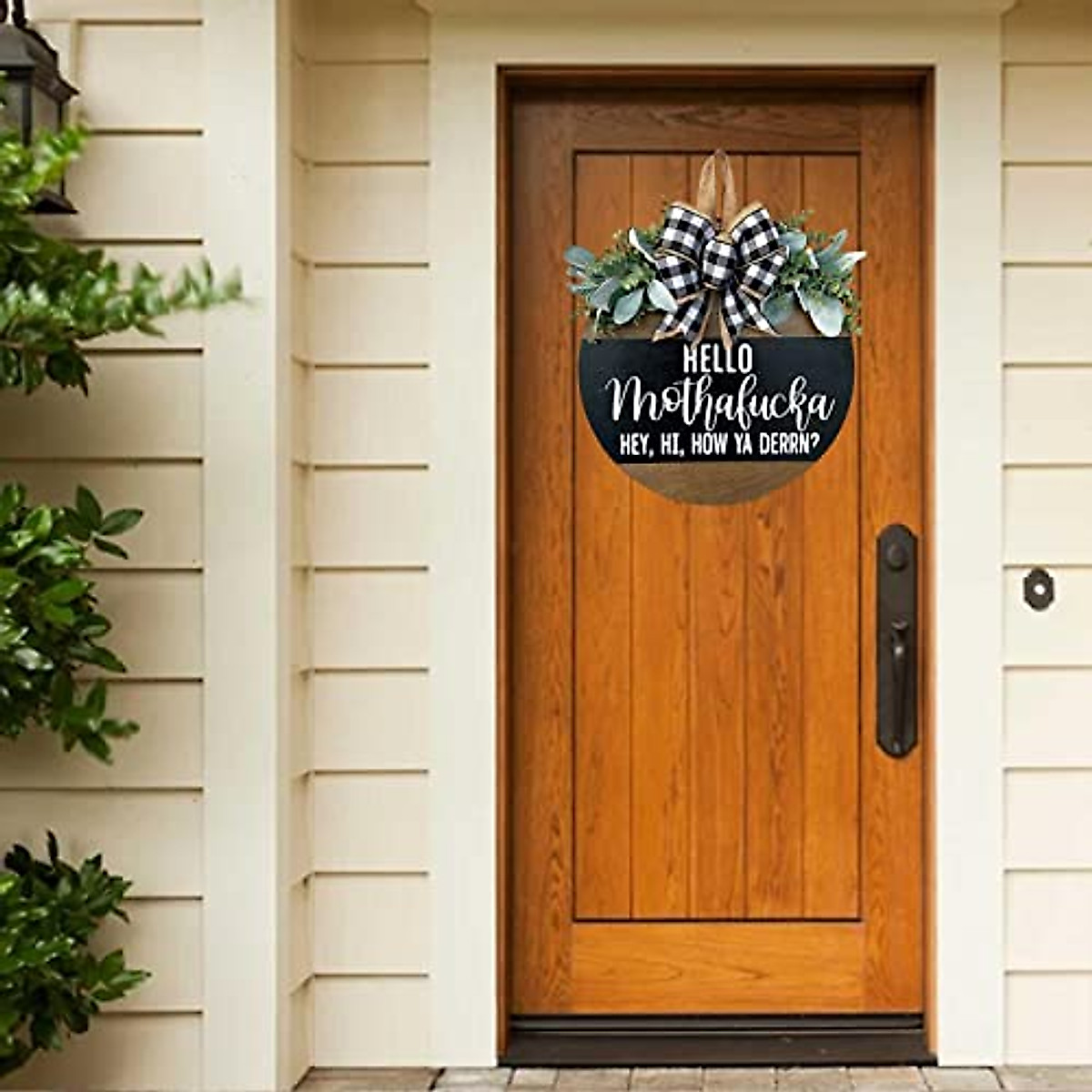 Funny Welcome Sign for Front Door,Hello Mothafucka, Hey, Hi, How Ya Derrn Hanging Door Signs,Rustic Round Wooden Sign Mothers Day Gift Decor for Farmhouse Porch Wall Home (A)