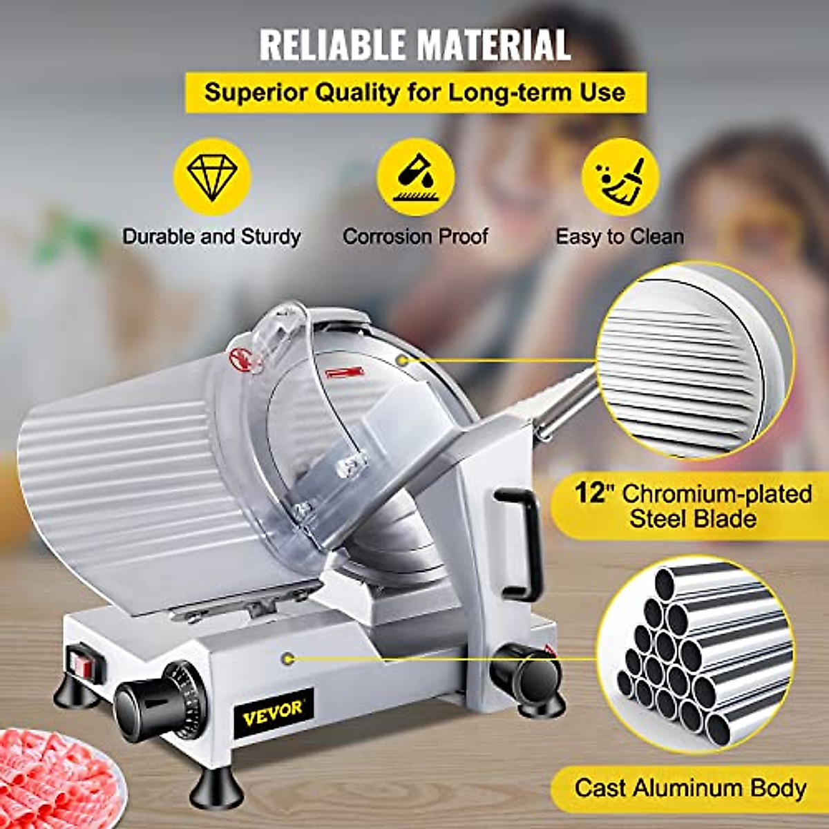 VBENLEM Commercial Meat Slicer,12 inch Electric Meat Slicer Semi-Auto 420W Premium Carbon Steel Blade Adjustable Thickness, Deli Meat Cheese Food Slicer Commercial and for Home use,Sliver