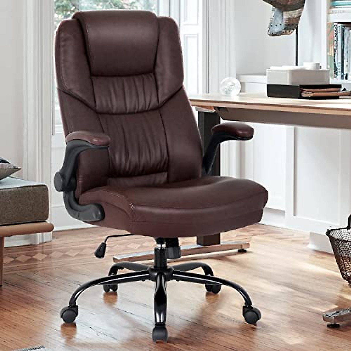 Ergonomic Office Chair PU Leather Desk Chair High Back Computer Chair with Lumbar Support Flip up Armrest Rolling Swivel Adjustable Task Chair for Adults(Brown)
