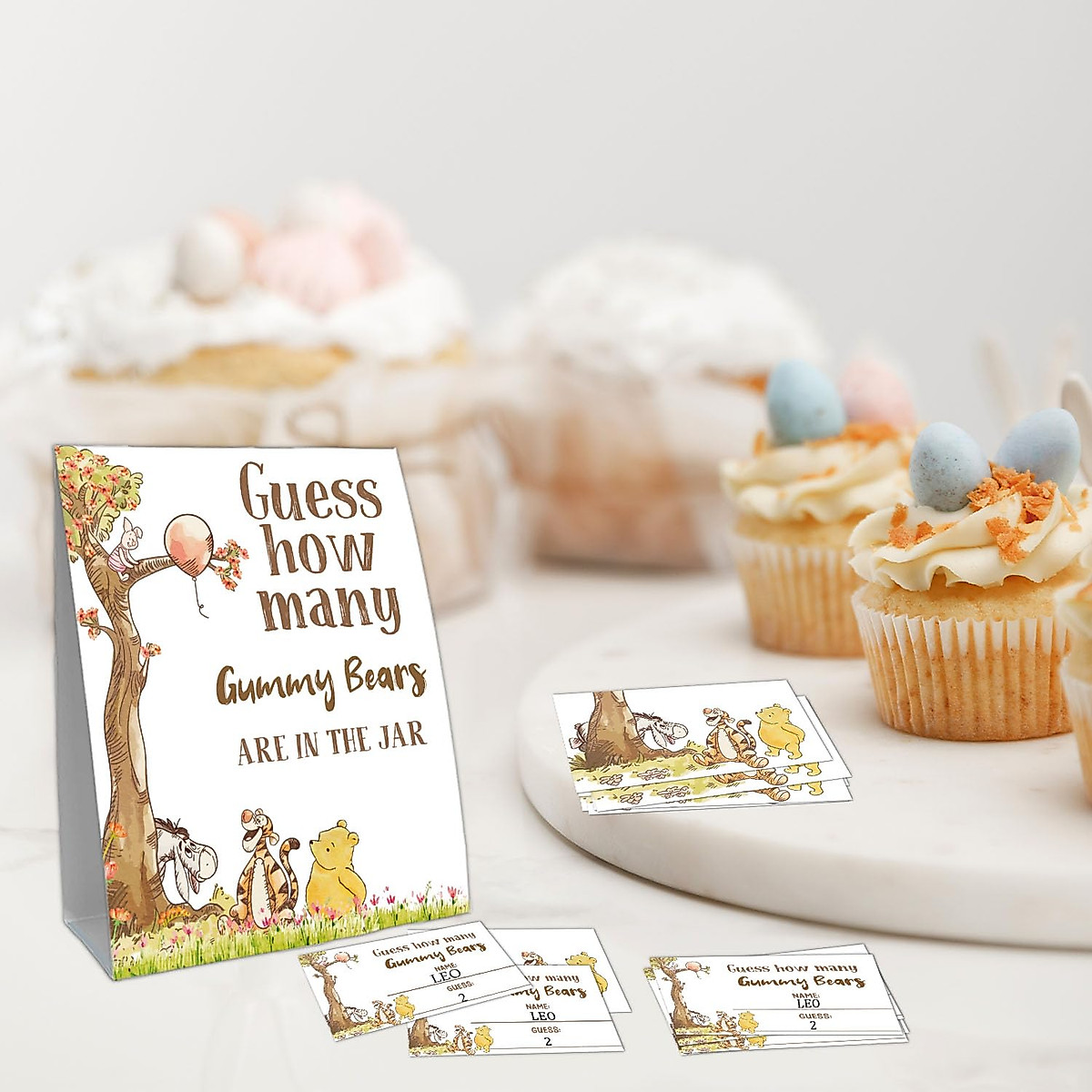 Winnie Baby Shower Games Card for Boys Girls, Includes 1 Guess How Many Gummy Bears Sign and 30 Guessing Cards, Winnie Game Cards Set, Baby Shower Birthday Party Decorations