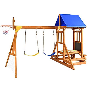 SuniBoxi Wooden Swing Set/Playset Made for Small Yards and Kids Toddlers Age 3-6, 6-in-1 Playground Set with Picnic Table Drawing Board Sandboxes Basketball Hoop Soccer Net