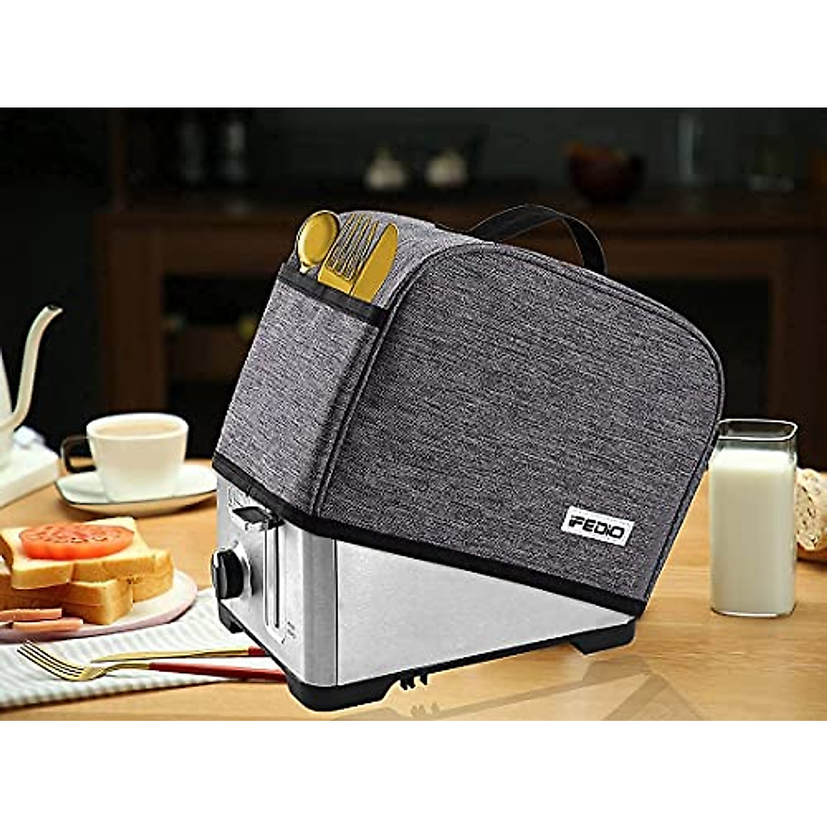 iFedio 2 Slice Toaster Cover with Two Pockets for Storing knife,Grey