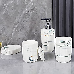 Bathroom Accessories Set with Grey Marble Look Ink White, Toothbrush Holder, Canister, Soap Dispenser, Soap Dish, Modern Bathroom Decoration,Ceramic High Grade Gift Packaging for Women and Men.