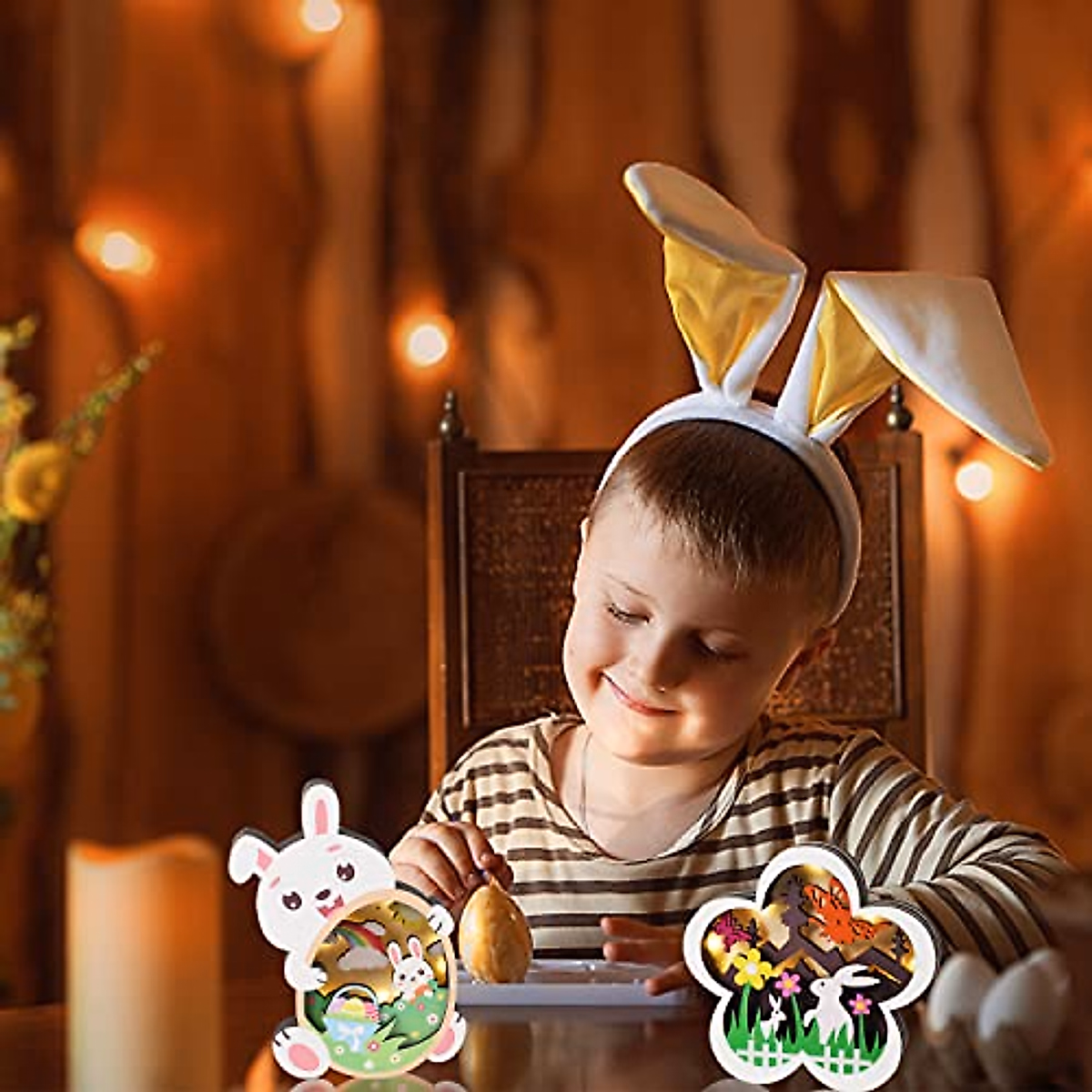 FOIMAS Easter Wooden Table Sign,Light Up Bunny Egg Table Centerpiece Topper for Easter Table Top Party Decoration Supply