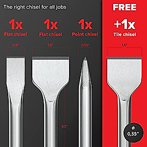 KSP-Tec - SDS-Plus Chisel Set for SDS+ Rotary Hammers – with Tile Chisel – with Storage Case for Masonry, Concrete, Brick, Stone (4pcs)